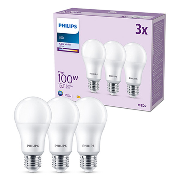 Philips LED lamp E27 | Peer A60 | Mat | 4000K | 13W (100W) | 3 stuks Philips 123led.nl